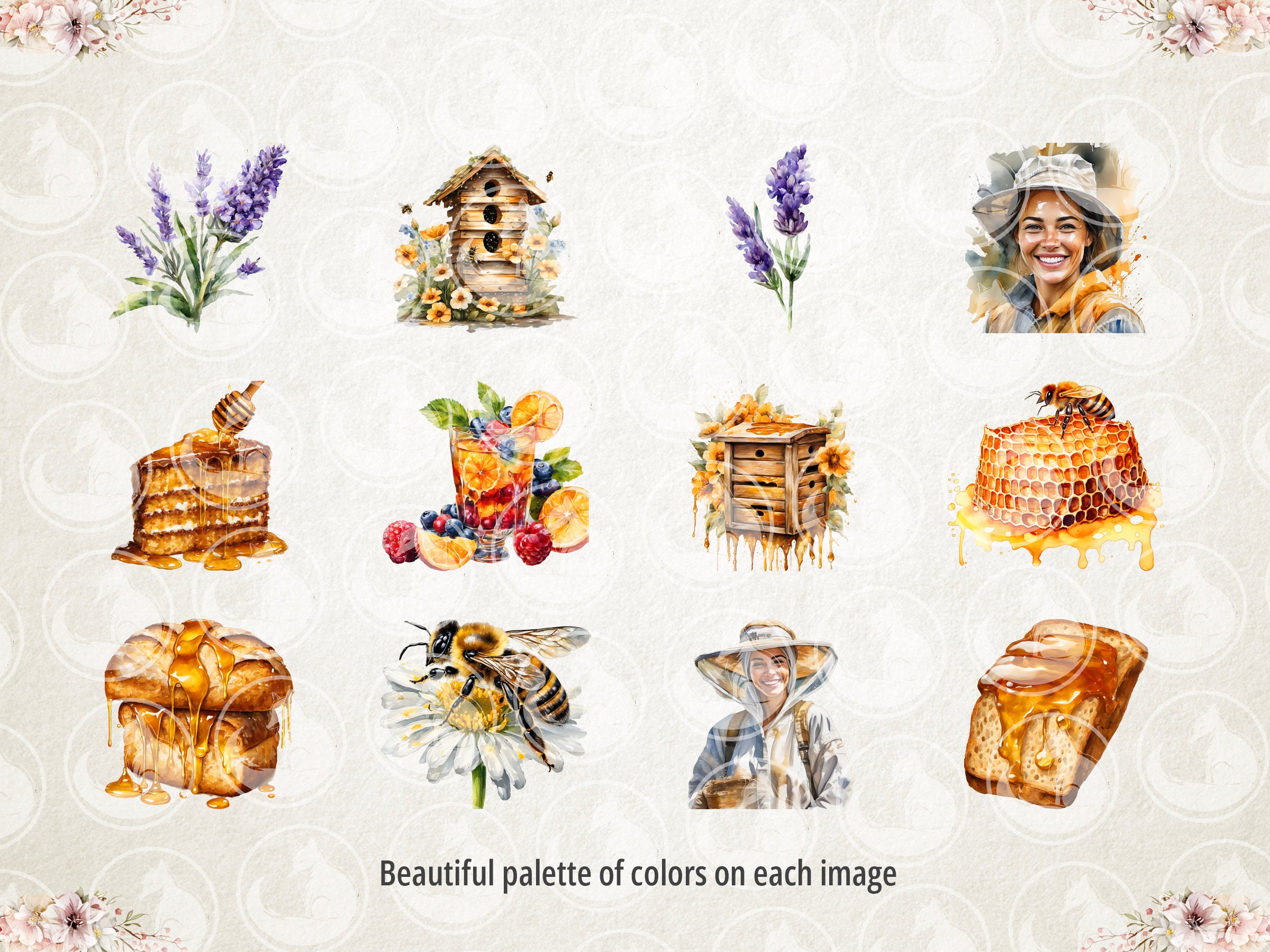 Honey Bee Clipart Watercolor Spring Floral and Honey. Honey Drips. PNG ...