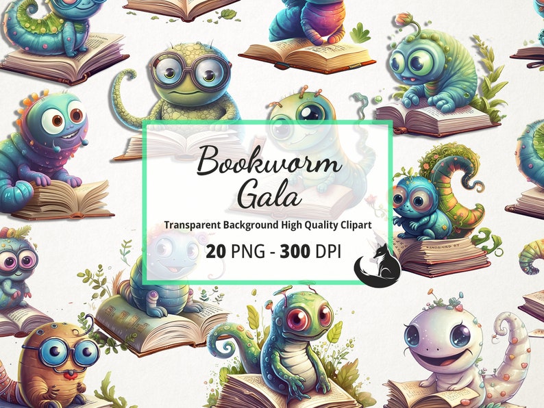 Bookworm Clipart PNG, 20 Images Bundle, Digital Download, Commercial ...