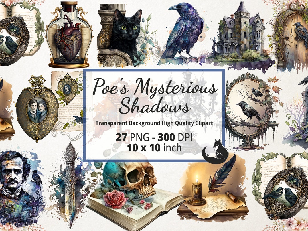 Edgar Allan Poe Watercolor Clip Art Raven Gothic Spooky - Etsy