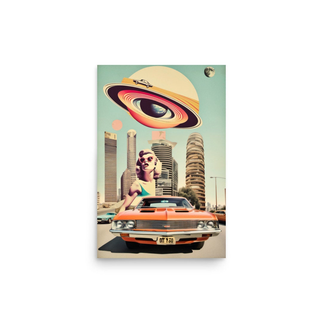 Vintage Surreal Collage Print Featuring Muscle Car, Cityscape and ...