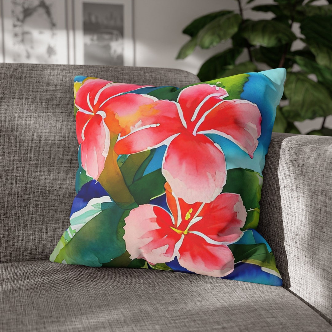 Tropical Watercolor Hawaiian Pillow Cover Large Print Vibrant Unique ...