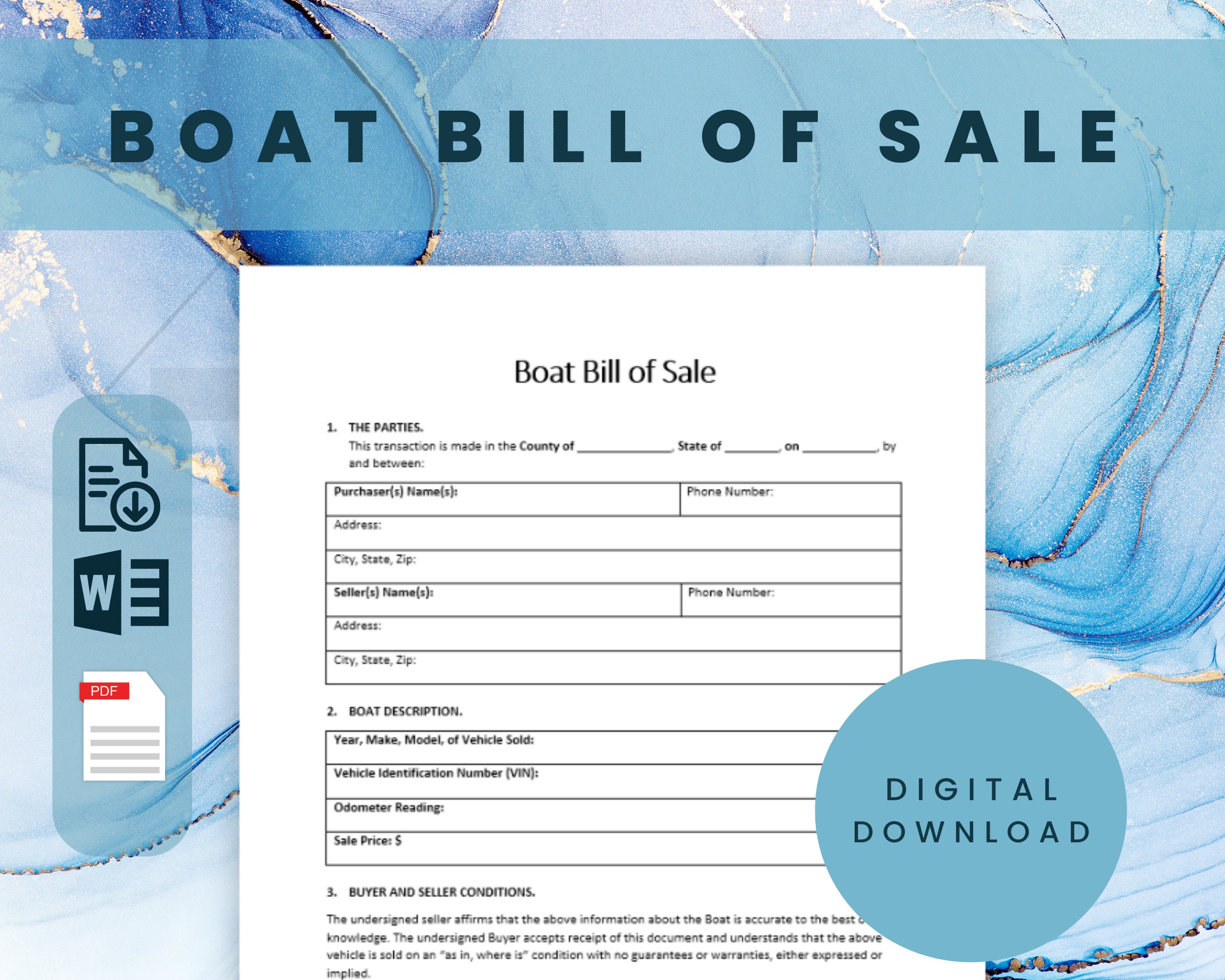 As-is Boat Bill of Sale Template | Instant Digital Download and Print ...