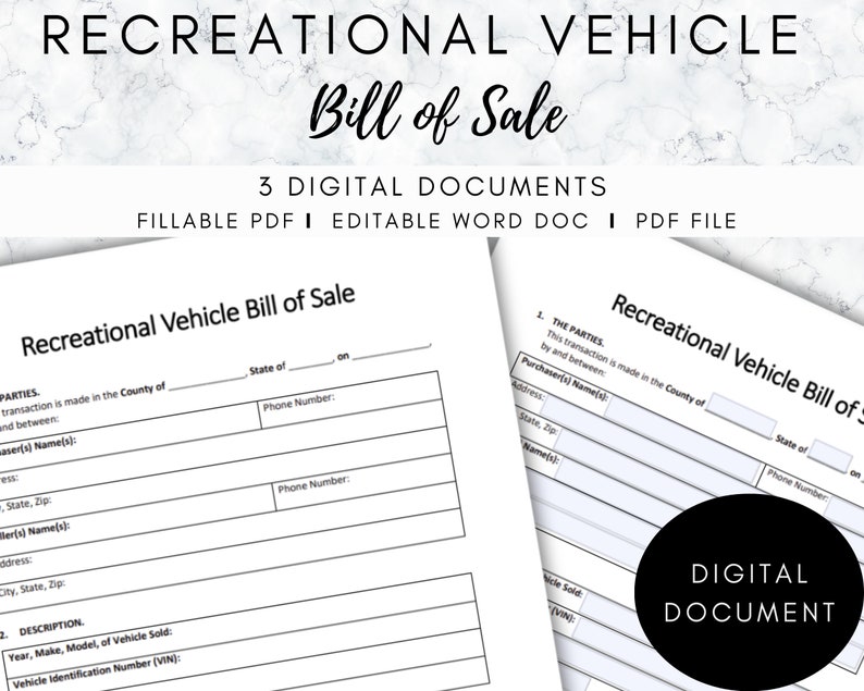 Camper RV Bill of Sale As-is Template | Instant Digital Download and ...