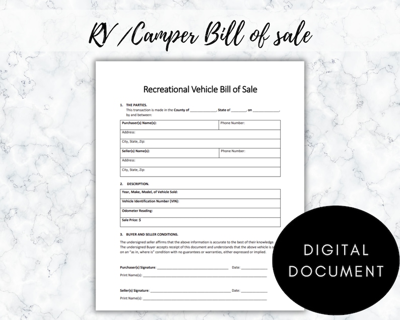 Camper RV Bill of Sale As-is Template | Instant Digital Download and ...