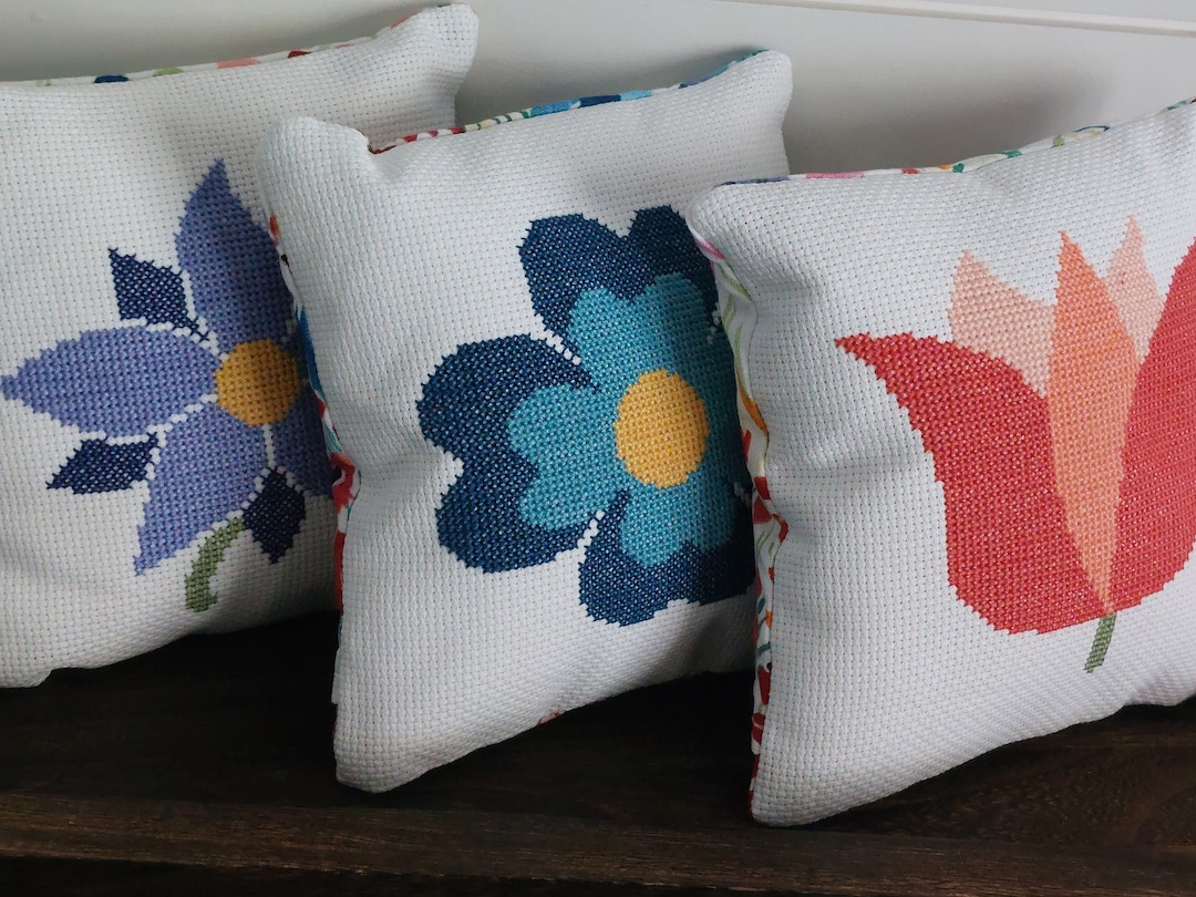 6x6 Finished Cross Stitched Mini Pillow/mini Spring Pillow/mini Floral ...