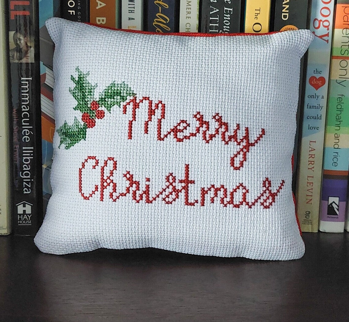Merry Christmas Finished Cross Stitched Mini Pillow/handstitched Pillow ...