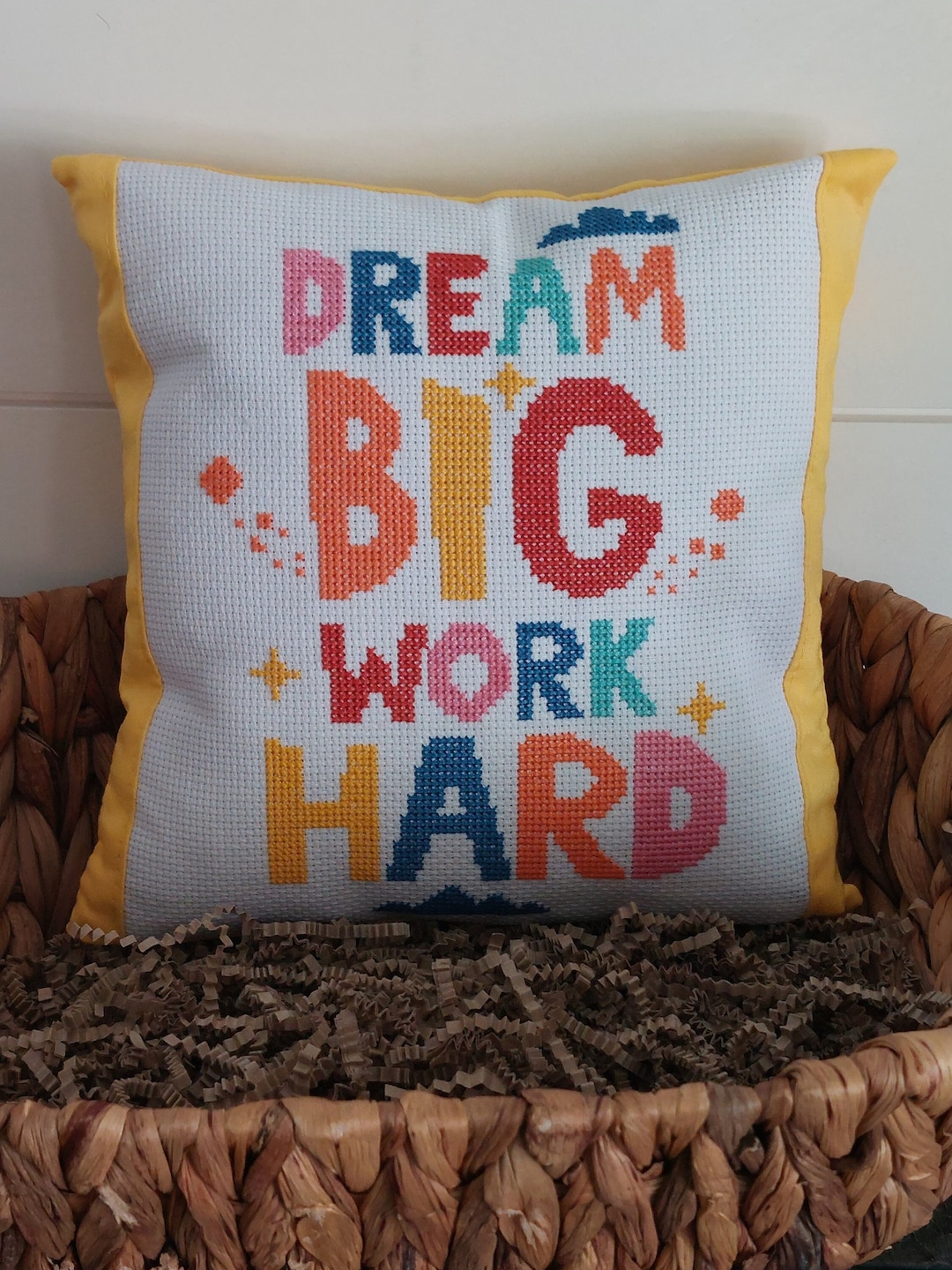 Finished Cross Stitched 8x8 Dream Big Work Hard Pillow/ Finished Cross ...