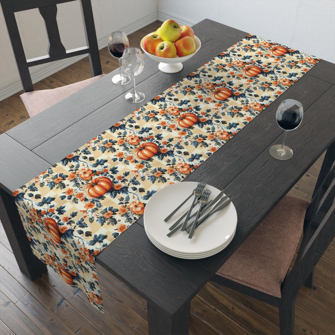 Pumpkin Floral Fall Table Runner | Toile De Jouy Thanksgiving ...