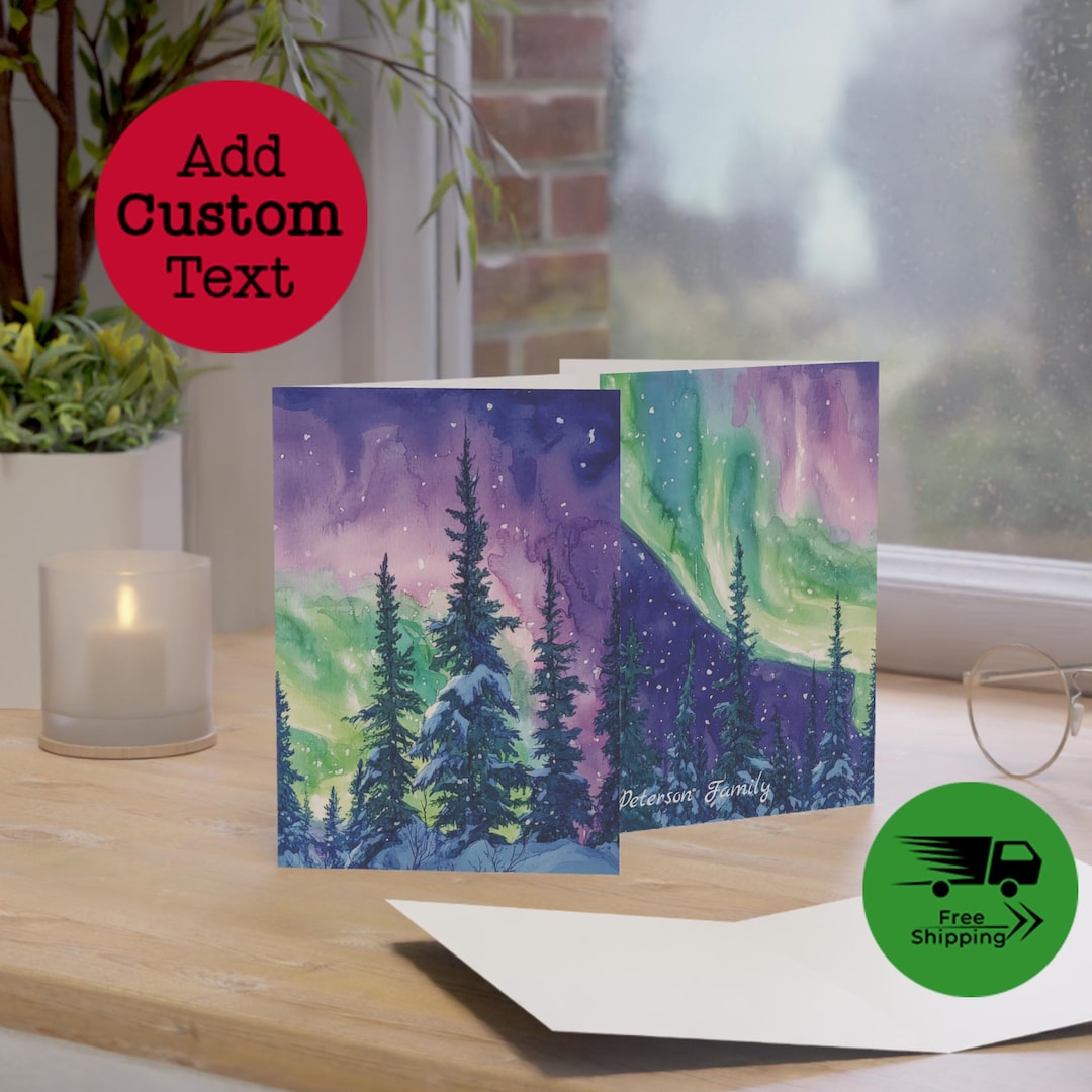 Watercolor Aurora Borealis Art Blank Greeting Cards Personalized ...