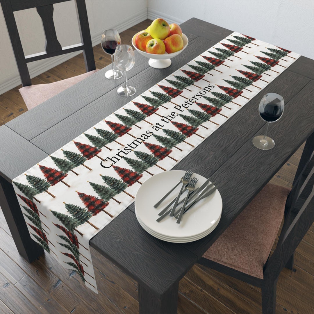 Checkerboard Pine Trees Table Runner Personalized | Custom Christmas ...