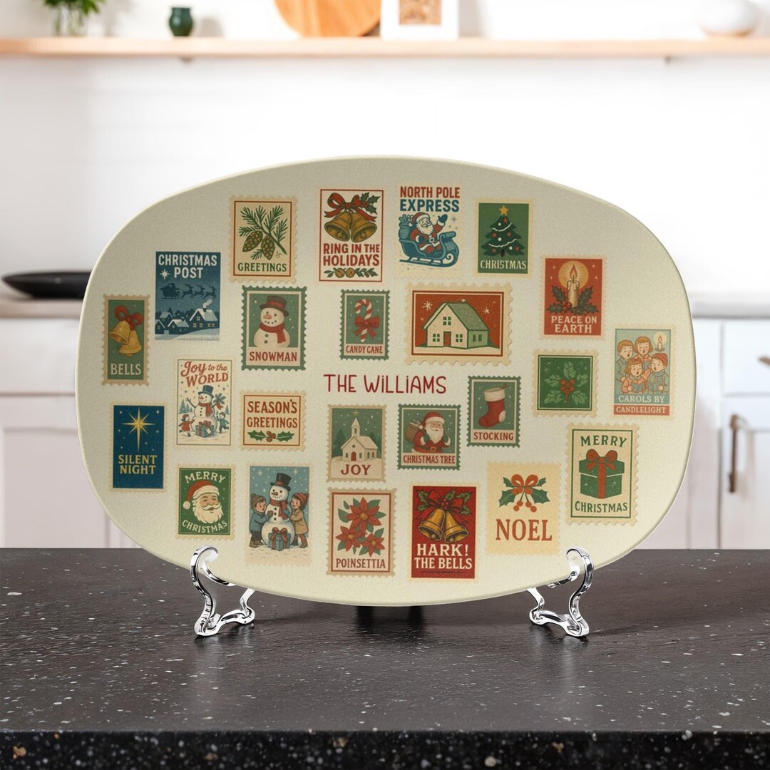 Personalized Vintage Christmas Stamps Platter | Custom Family Holiday ...