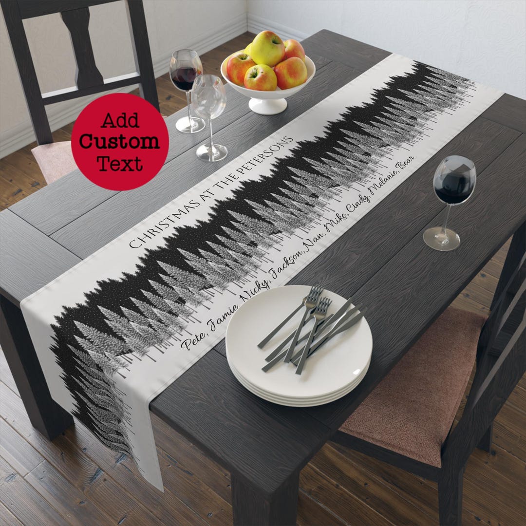 Personalized Black & White Pine Tree Table Runner | Custom Minimalist ...