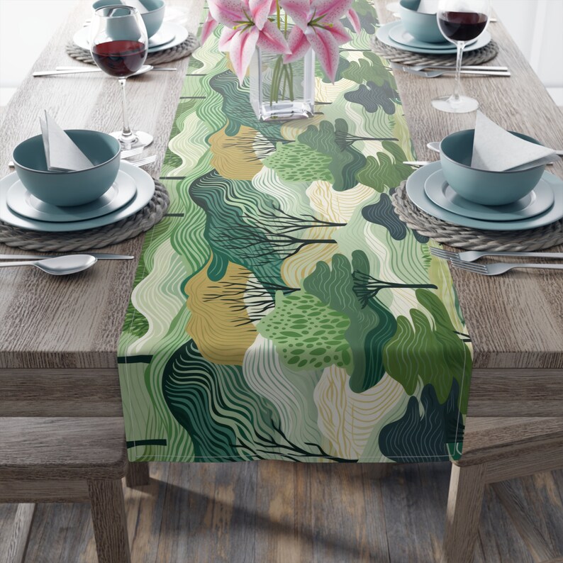 Abstract Trees Table Runner | Watercolor Forest Table Linen Decor ...
