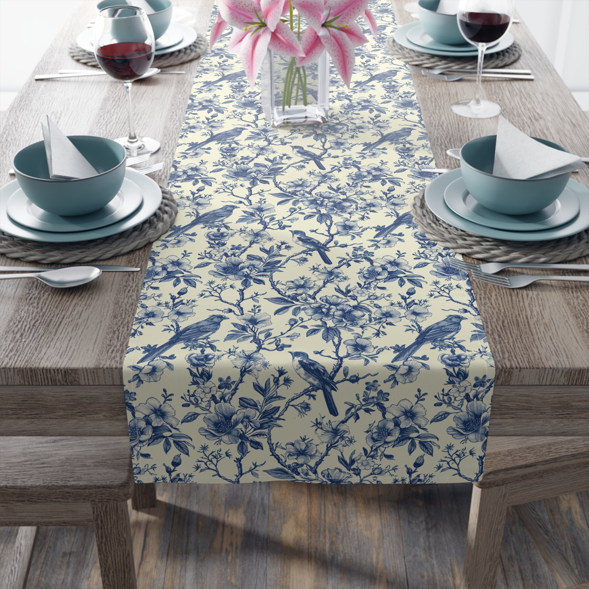Traditional French Toile De Jouy Floral Table Runner | Vintage Antique ...