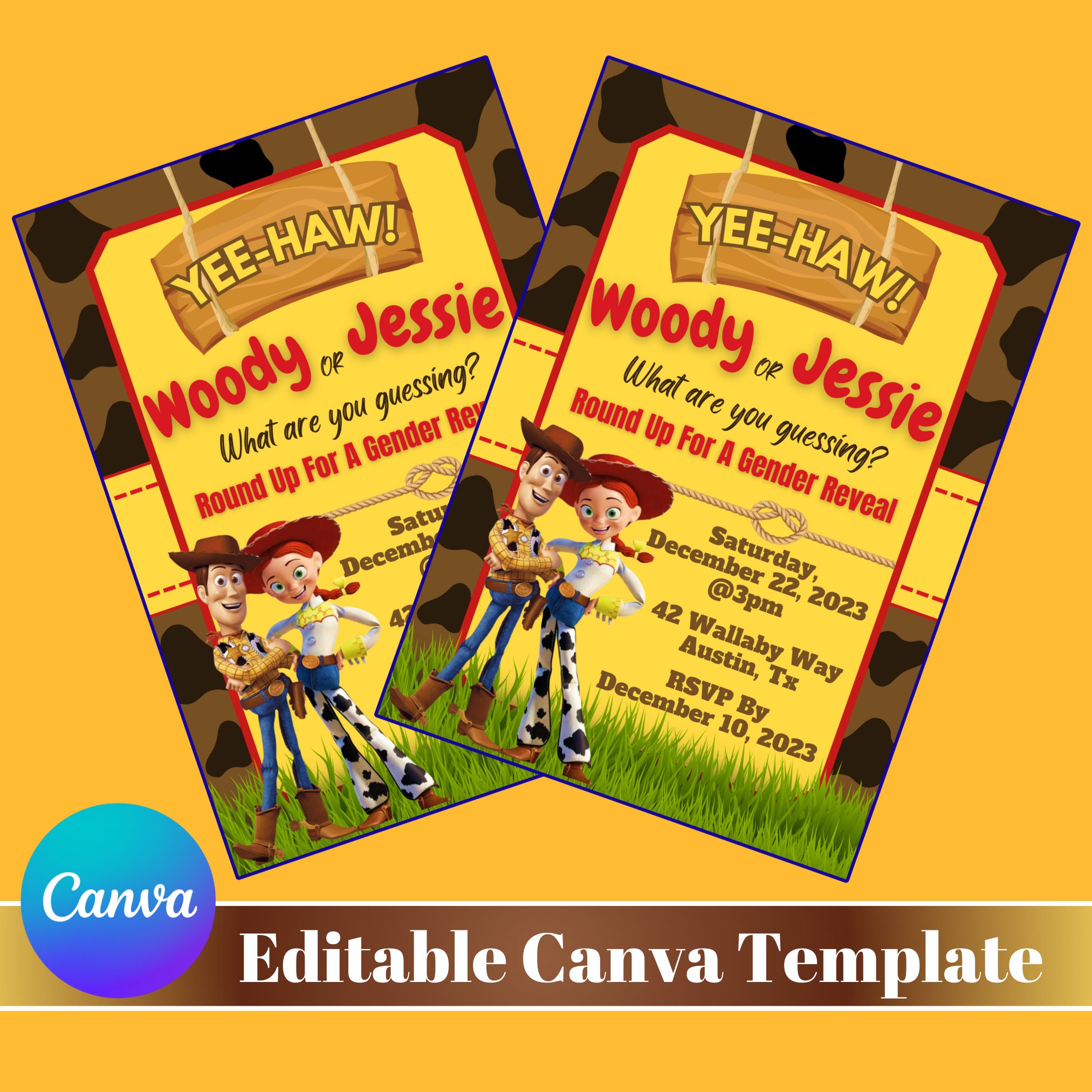 Editable Canva Woody and Jessie Gender Reveal Flyer Template - Etsy