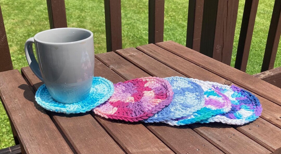 Crochet Coaster 4" Shown in Water, Berries, Light Blues, Dark Pastels ...