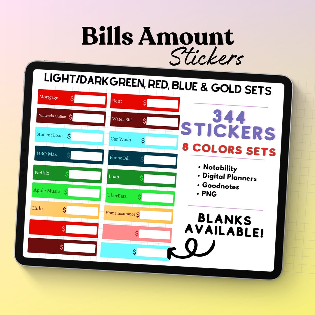 Holiday Color Bills Due Digital Stickers | Blue, Green, Red Sticker Set ...
