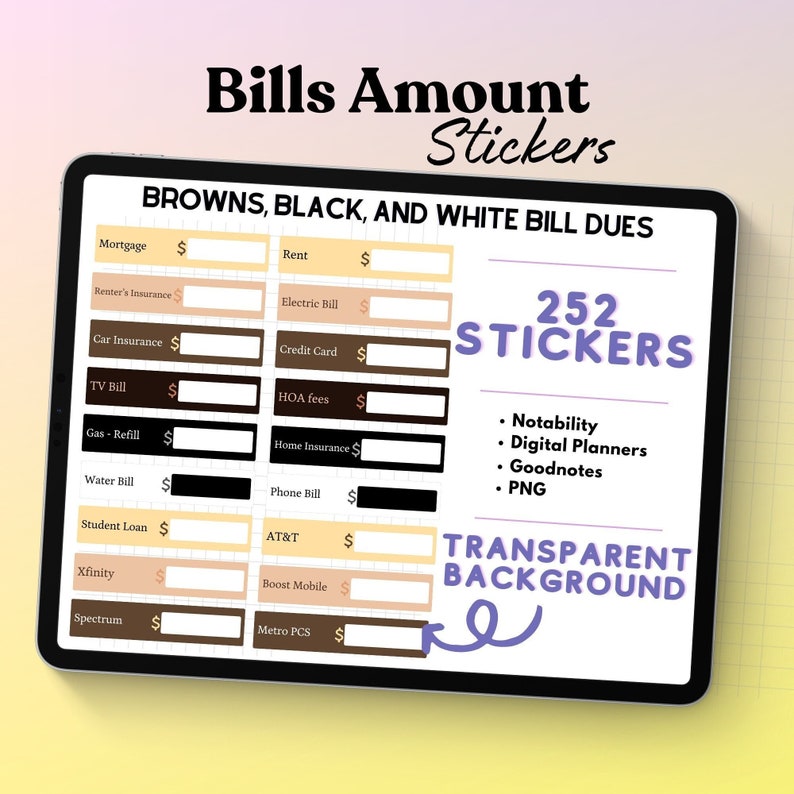 Neutral Bills Due Amount Digital Stickers | Tan, White, Black Sticker ...