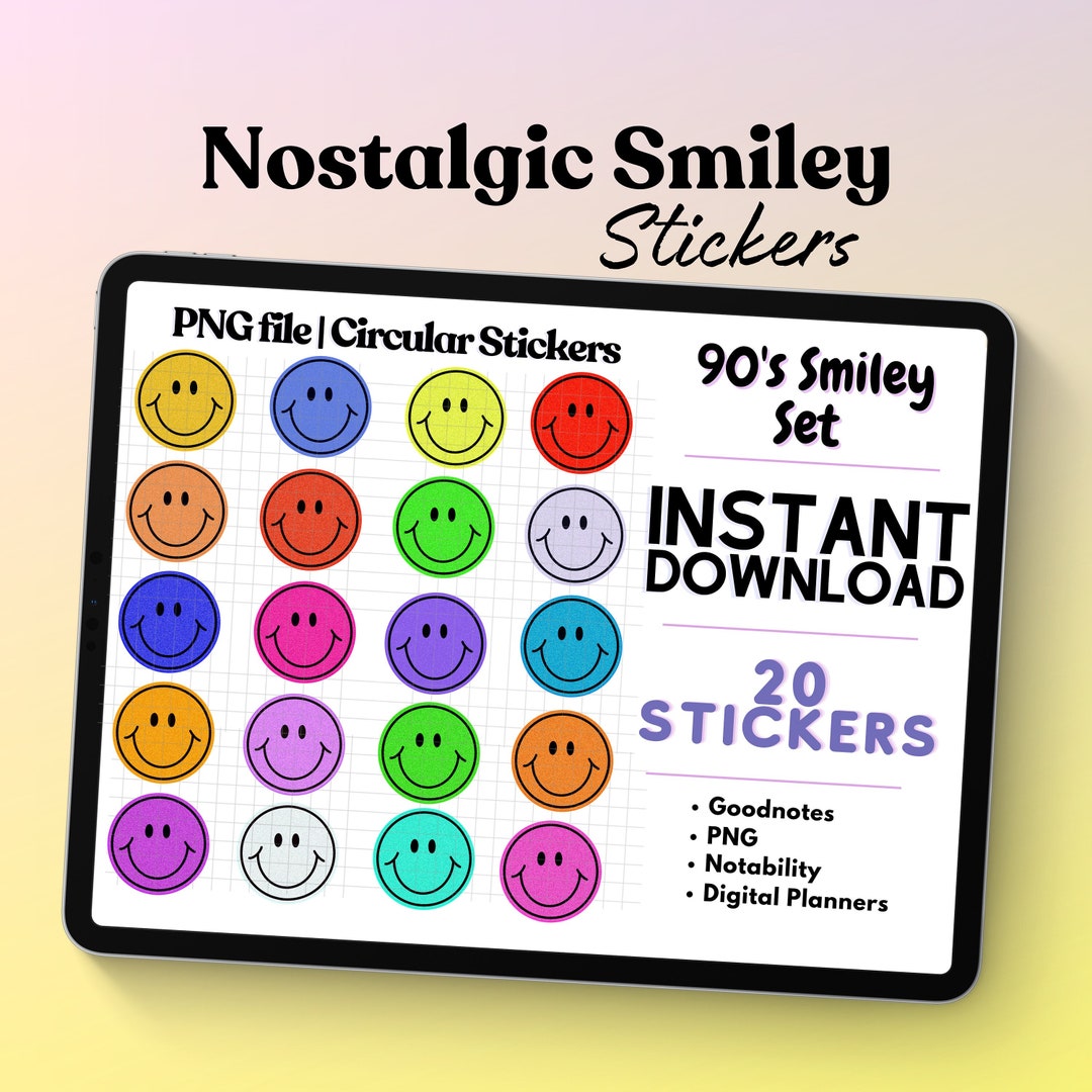Nostalgic 90's Smiley Digital Planner Stickers | Set of 20 Colors ...