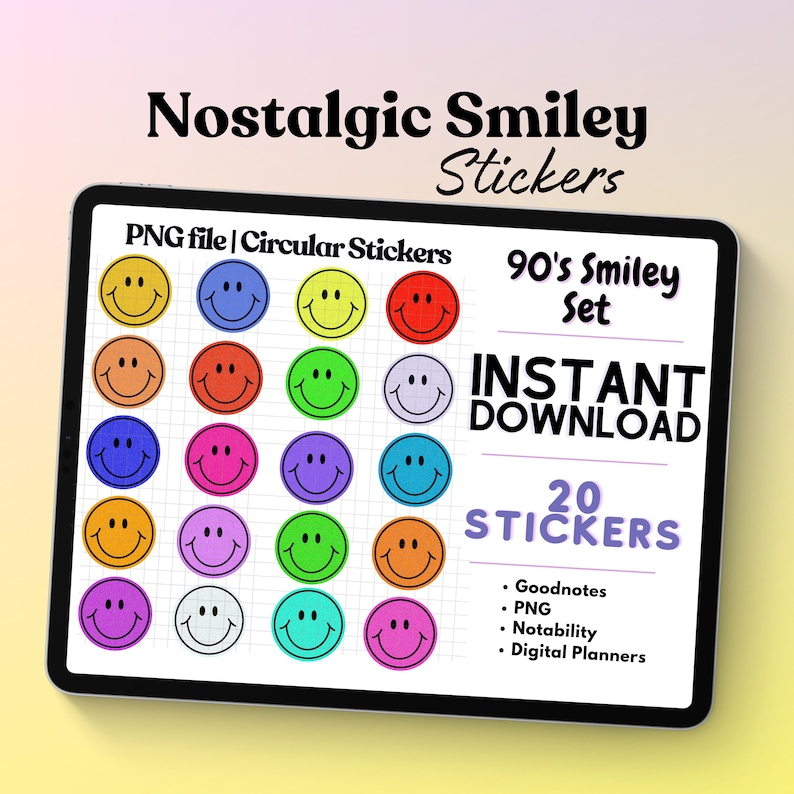Nostalgic 90's Smiley Digital Planner Stickers | Set of 20 Colors ...