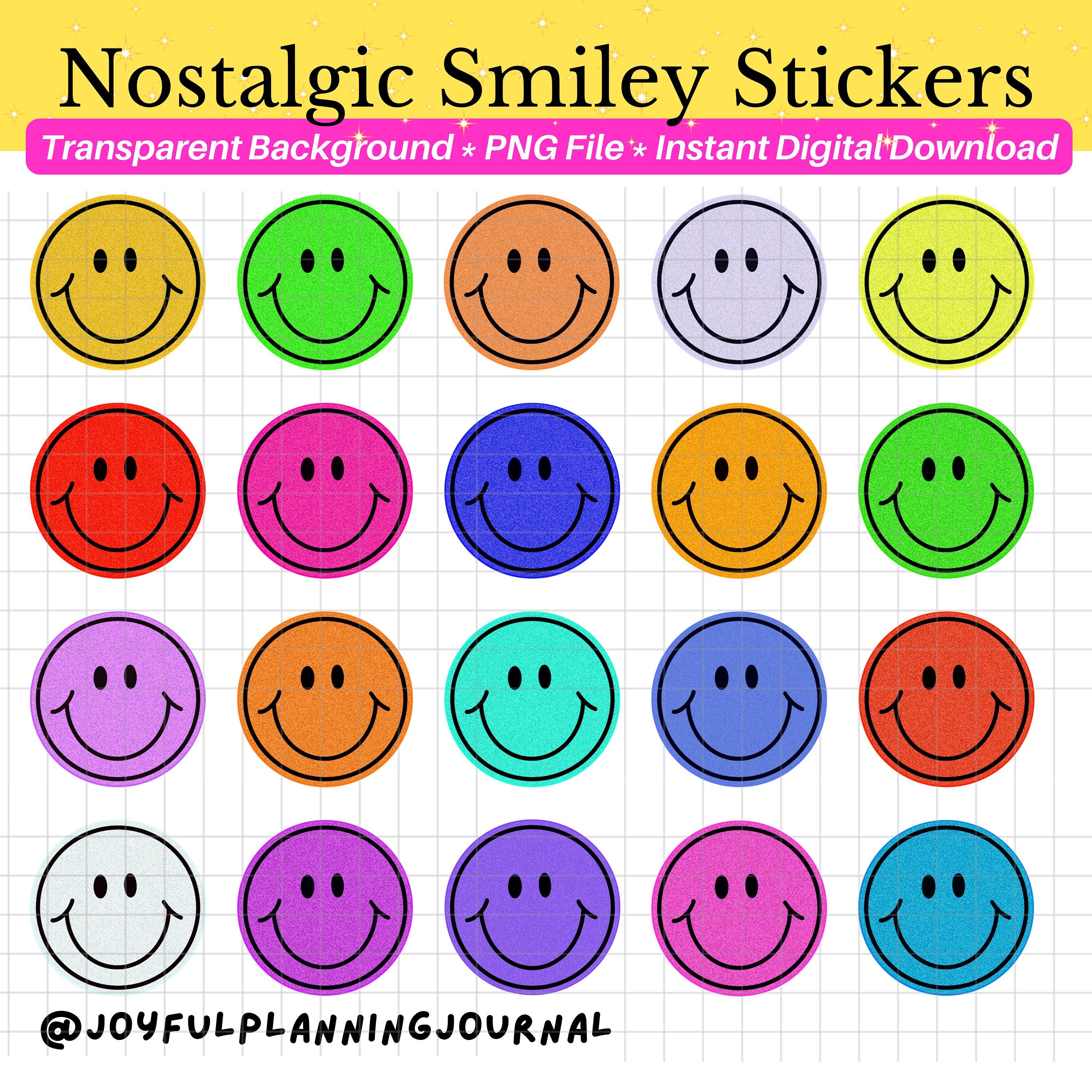 Nostalgic 90's Smiley Digital Planner Stickers | Set of 20 Colors ...