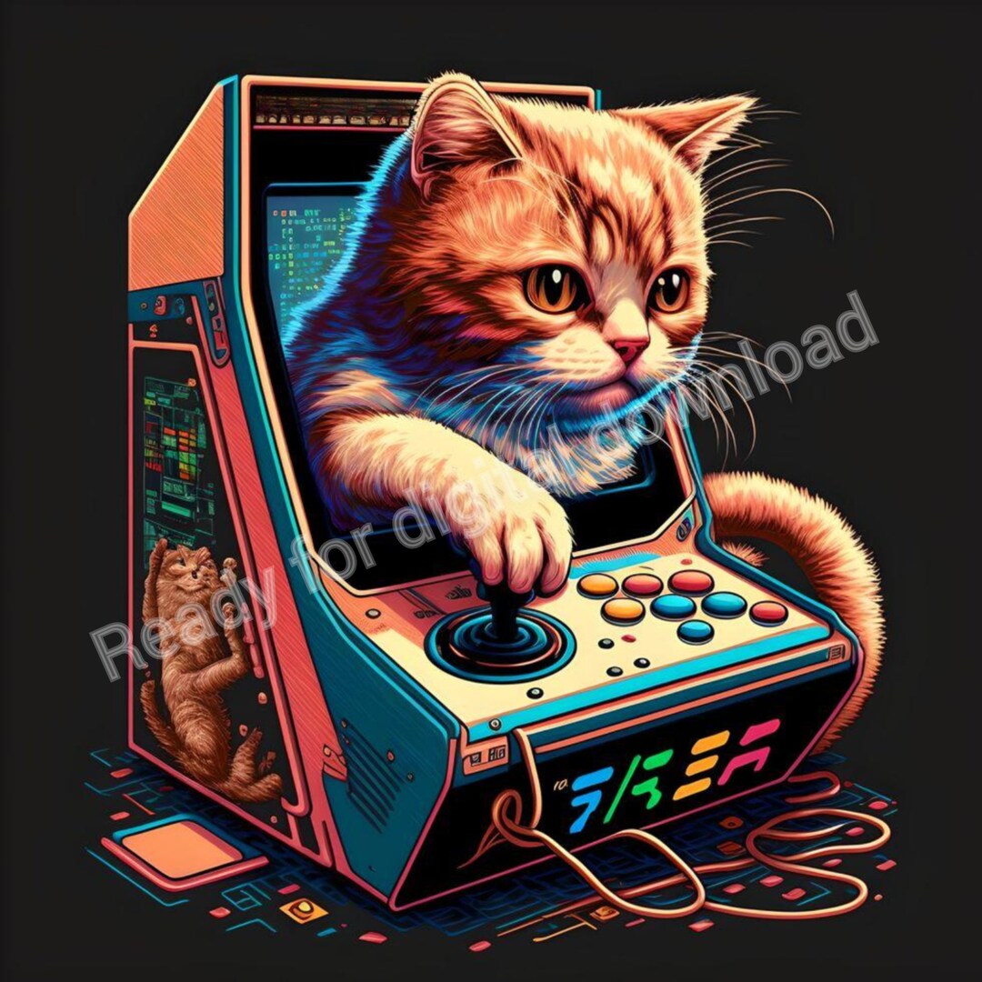 Retro Arcade Cat Digital Art, Gaming Kitten, Neon Game Room, Animal ...