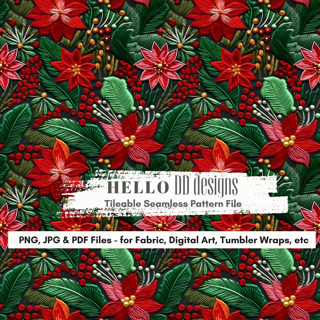 Christmas Digital Design PNG Files, Seamless Pattern Faux Embroidery ...