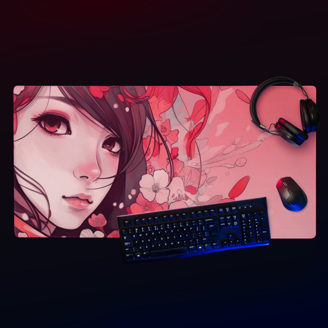 Cute Anime Girl Mouse Pad Pastel Pink and Reds Flowers Big Gaming XXL ...