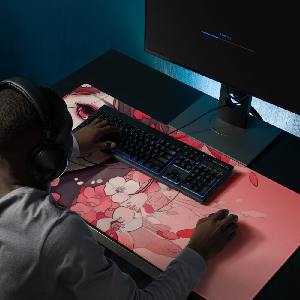 Cute Anime Girl Mouse Pad Pastel Pink and Reds Flowers Big Gaming XXL ...