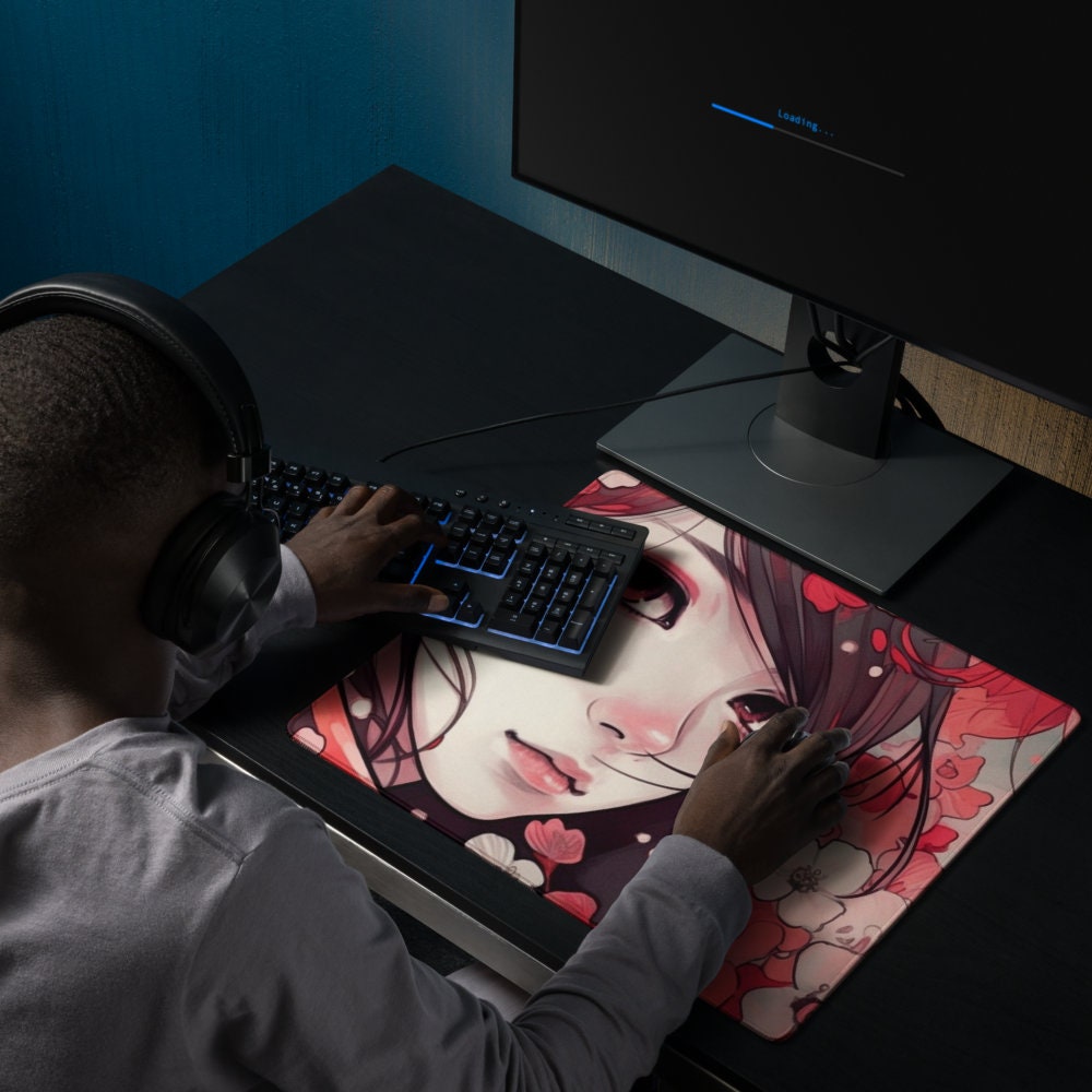 Cute Anime Girl Mouse Pad Pastel Pink and Reds Flowers Big Gaming XXL ...