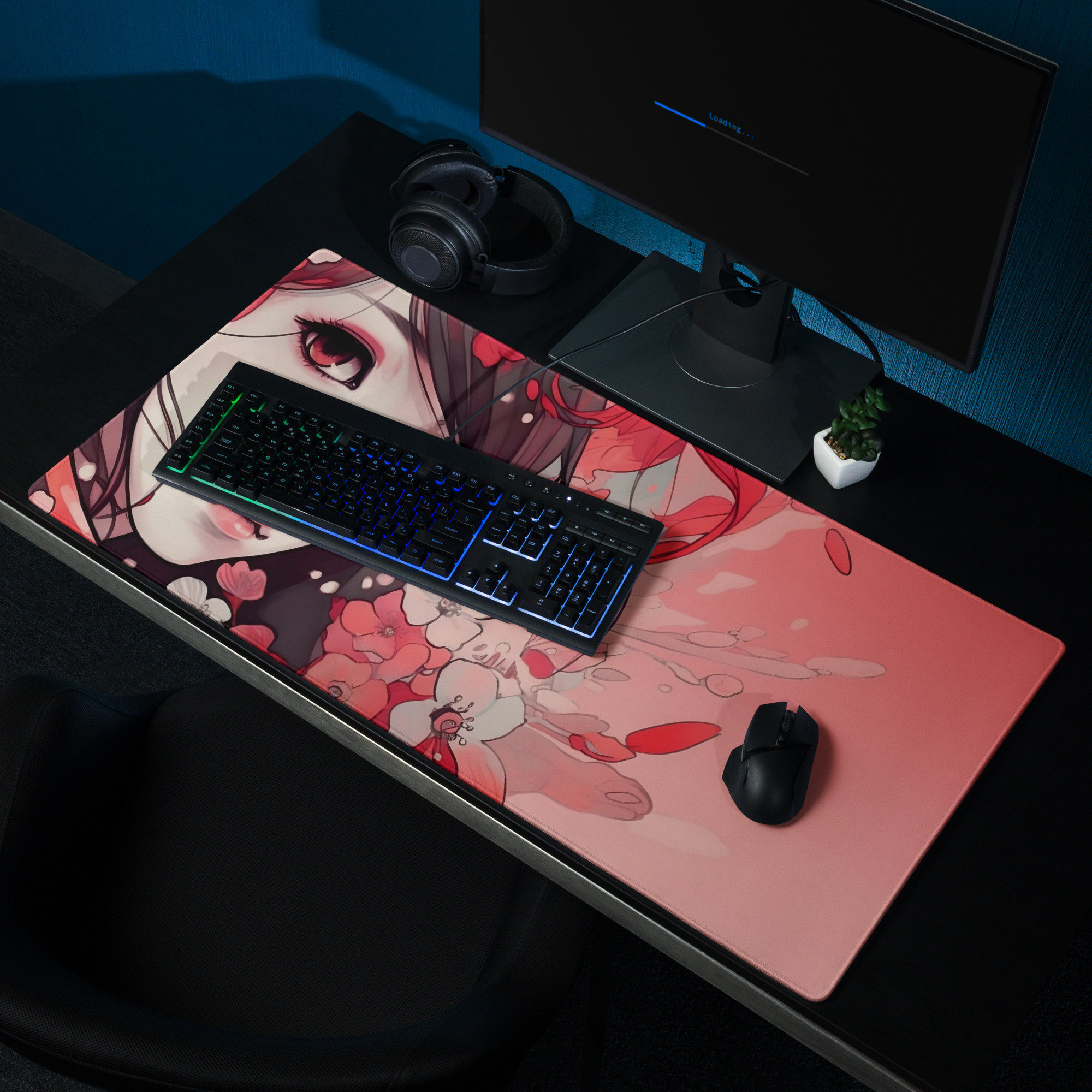 Cute Anime Girl Mouse Pad Pastel Pink and Reds Flowers Big Gaming XXL ...