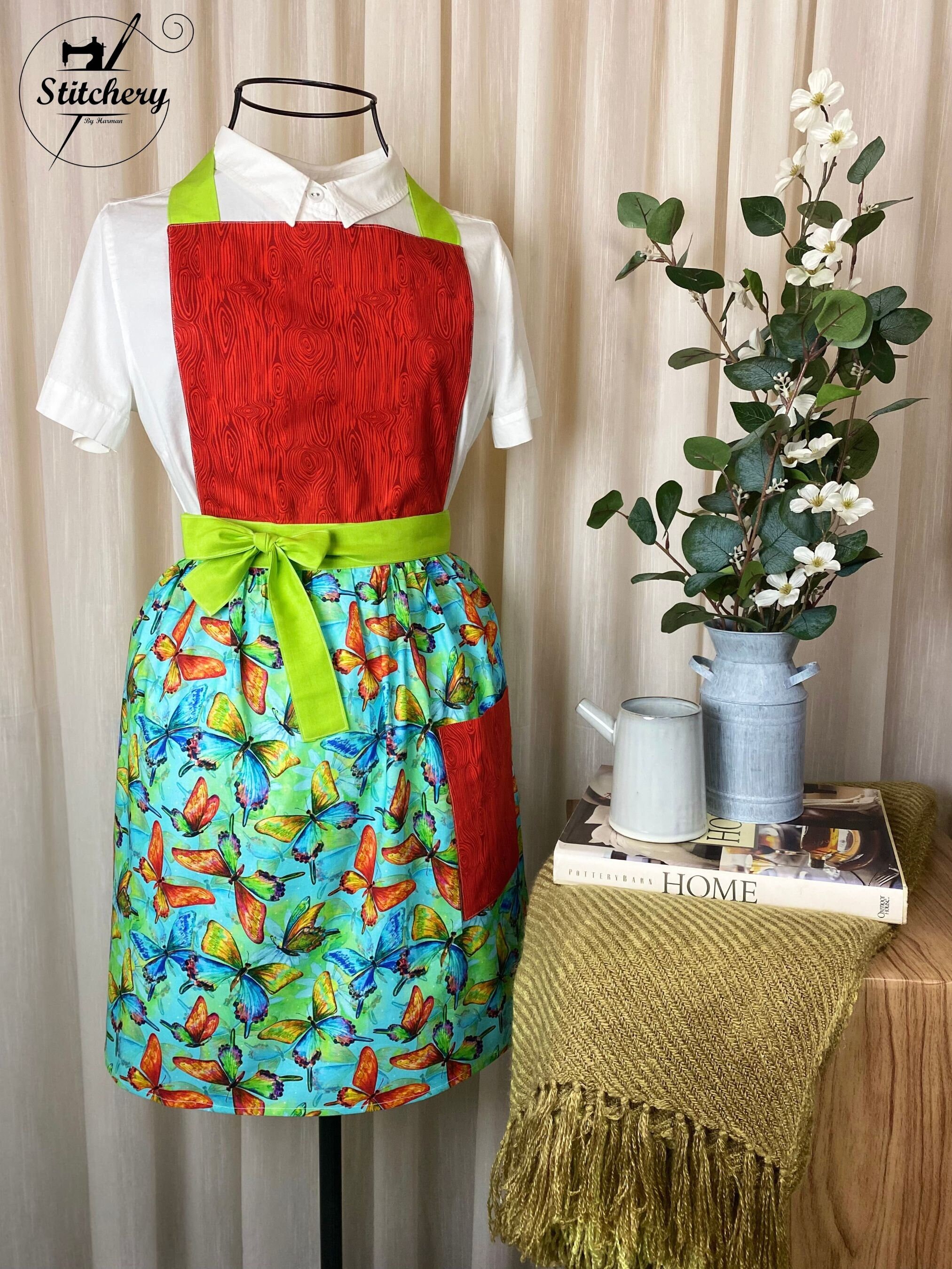Butterfly Vintage Inspired Apron, Digital Print, Bright Green Straps ...