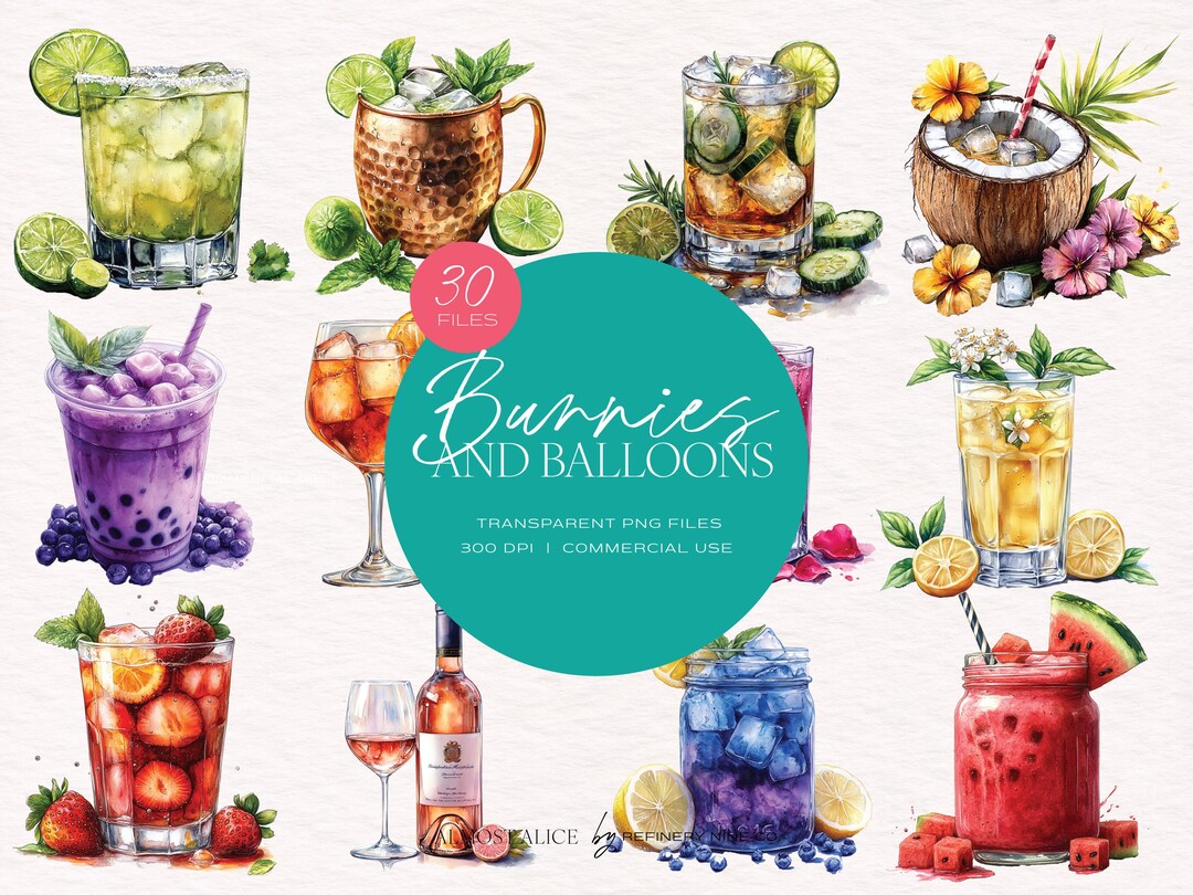 Boozie Cocktails Watercolor Clipart, Fun Drink Illustrations for Party ...