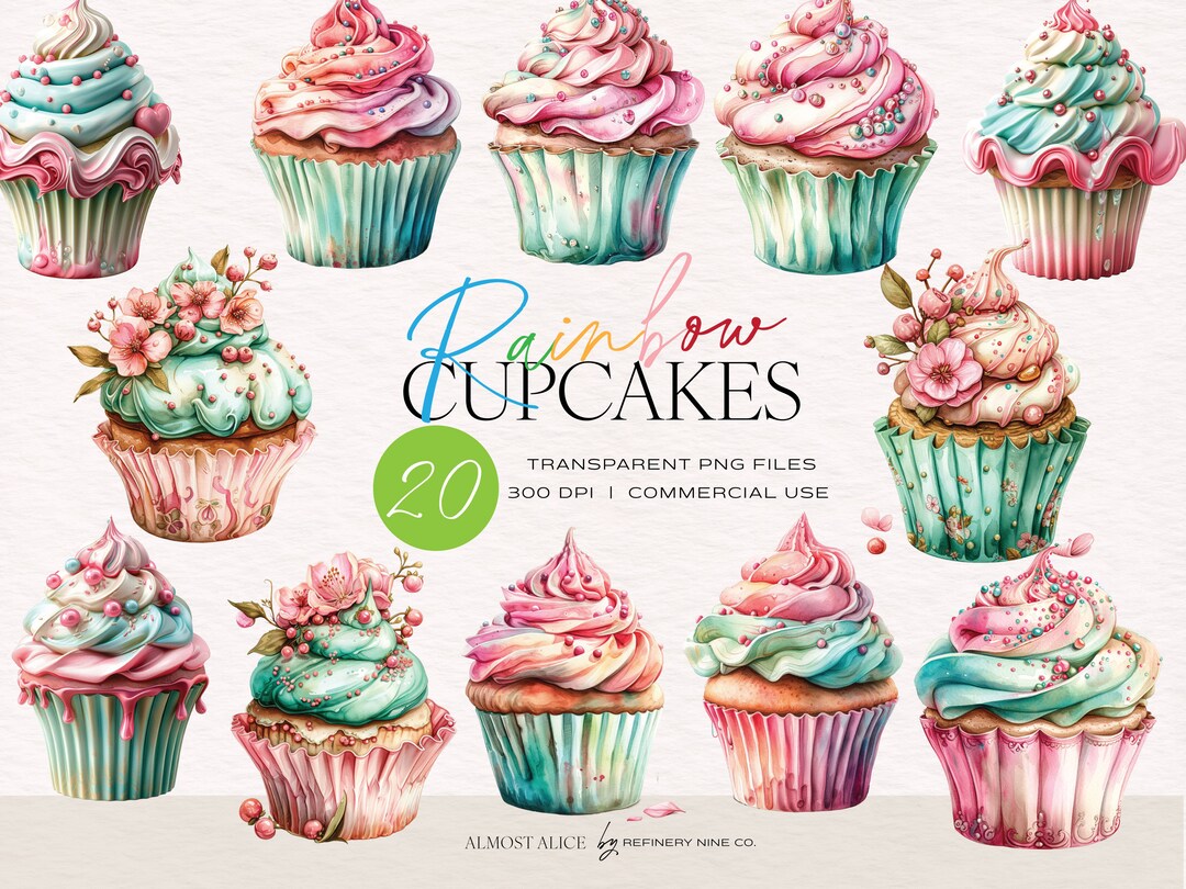 Rainbow Watercolor Cupcakes Clipart Perfect for Stationery, Crafting ...