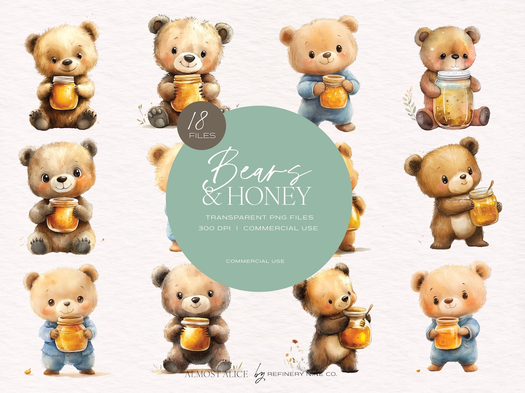 Bear and Honey Clipart: Watercolor Nursery Art (digital Download) - Etsy