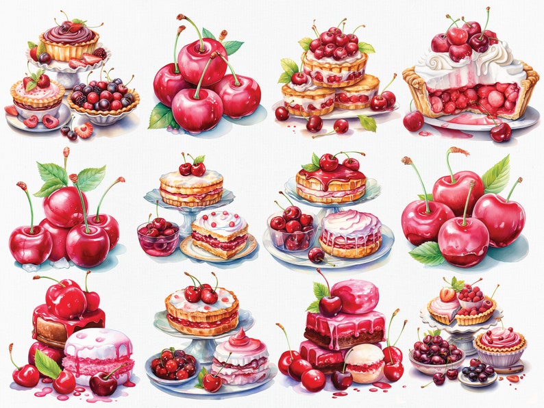 Cherry Pie Clipart - Food Clipart, Digital Watercolor Prints, Digital ...