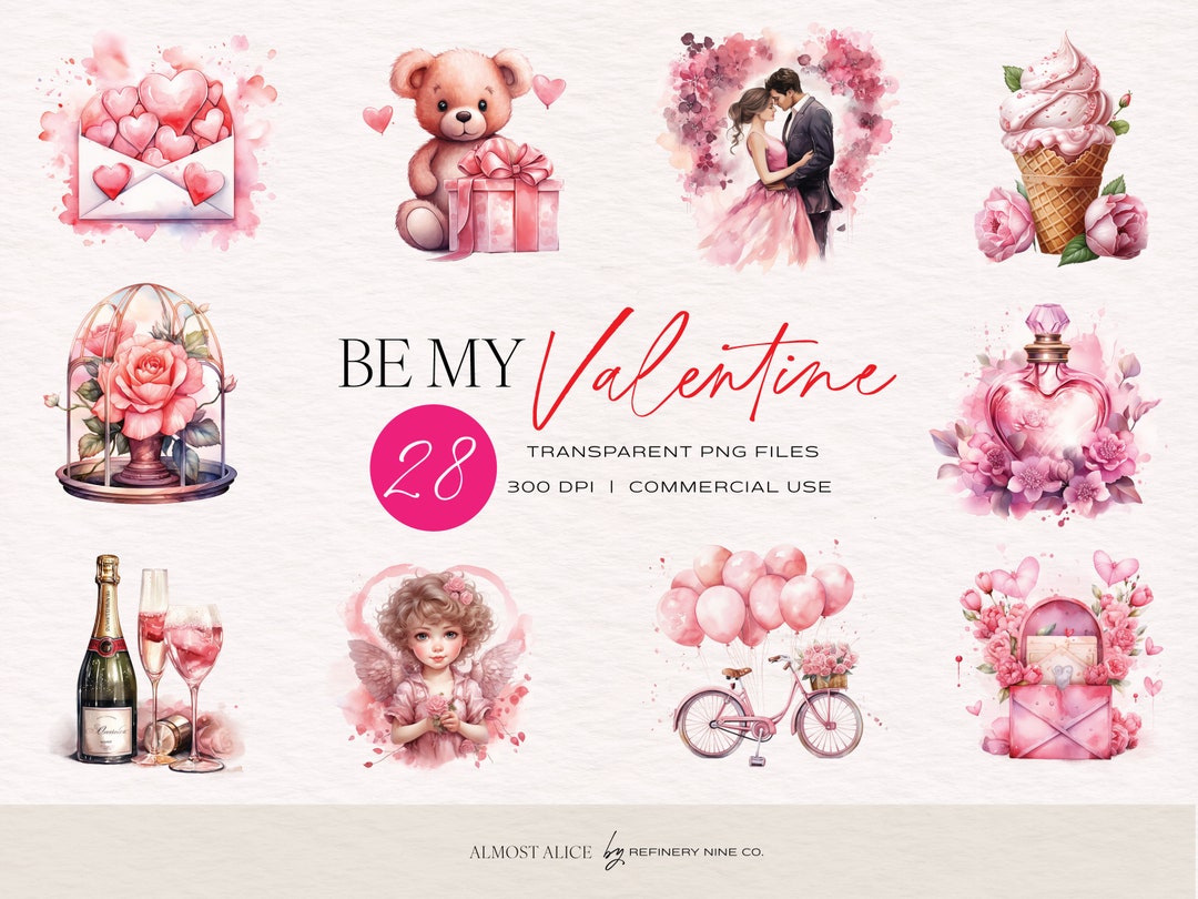 Valentine's Day Watercolor Clipart: Hearts, Cupid, Floral (transparent ...