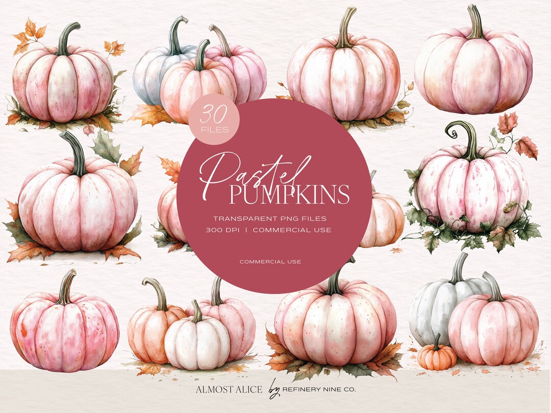 Pink Pastel Pumpkins Watercolor Clipart: Autumn PNG Graphics (digital ...