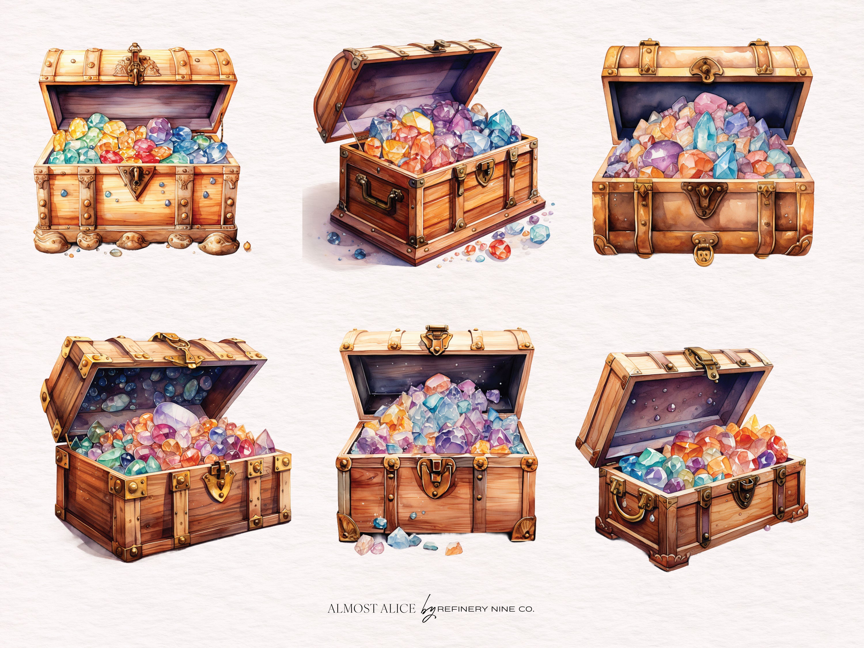 Treasure Chest, Watercolor Clipart, Gold, Jewels, Stickers, Nursery ...