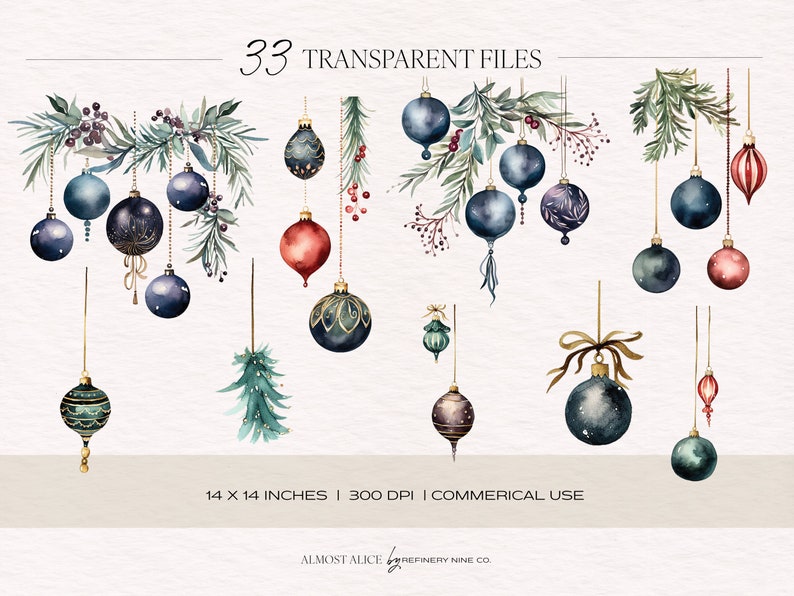 Dark Moody Christmas Ornaments, Dark Color Baubles, Watercolor Clipart ...