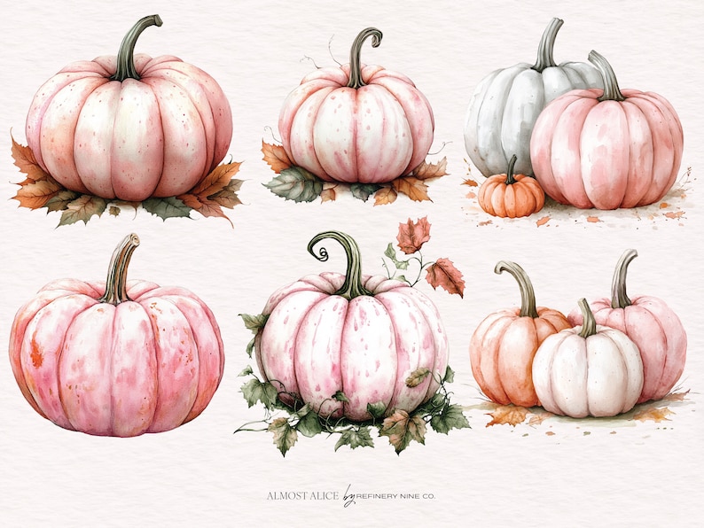 Pink Pastel Pumpkins Watercolor Clipart: Autumn PNG Graphics (digital ...