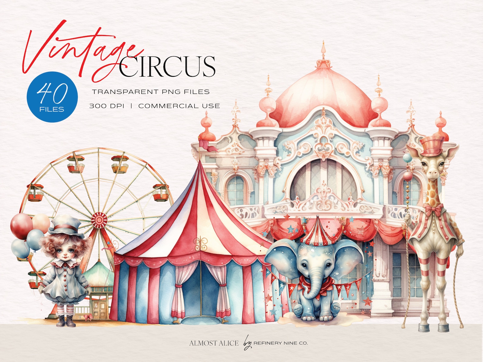 Colorful Vintage Circus Clipart Bundle: Blue, Red, Creme Watercolor ...