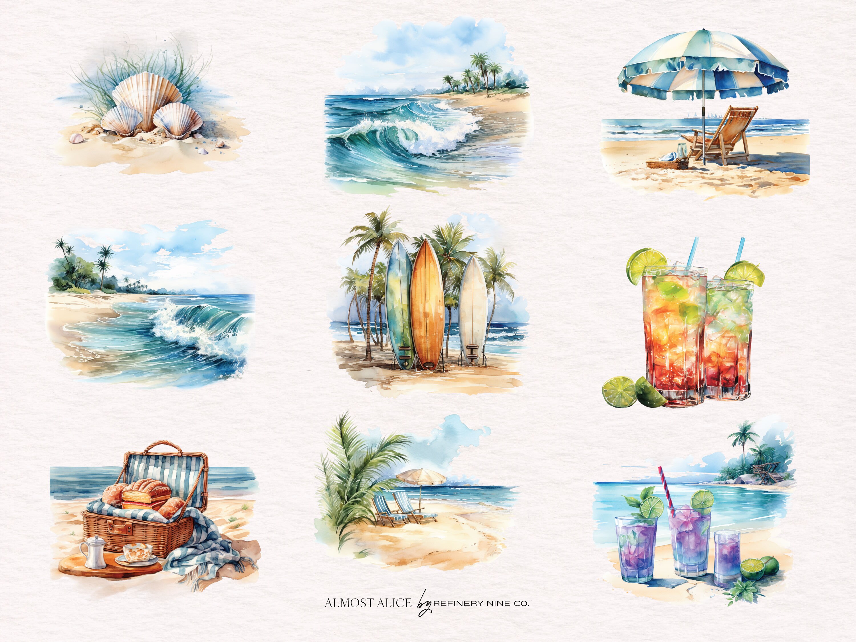 A Day at the Beach Watercolor Clipart, Seaside, Summer Vibes ...