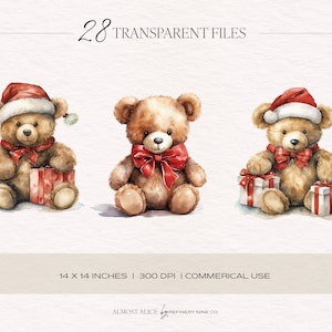 Christmas Teddy Bears, Watercolor Clipart, Cute, Christmas, Winter ...