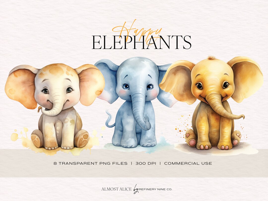 Watercolor Elephant Clipart: Safari Nursery Art (PNG, Commercial Use ...