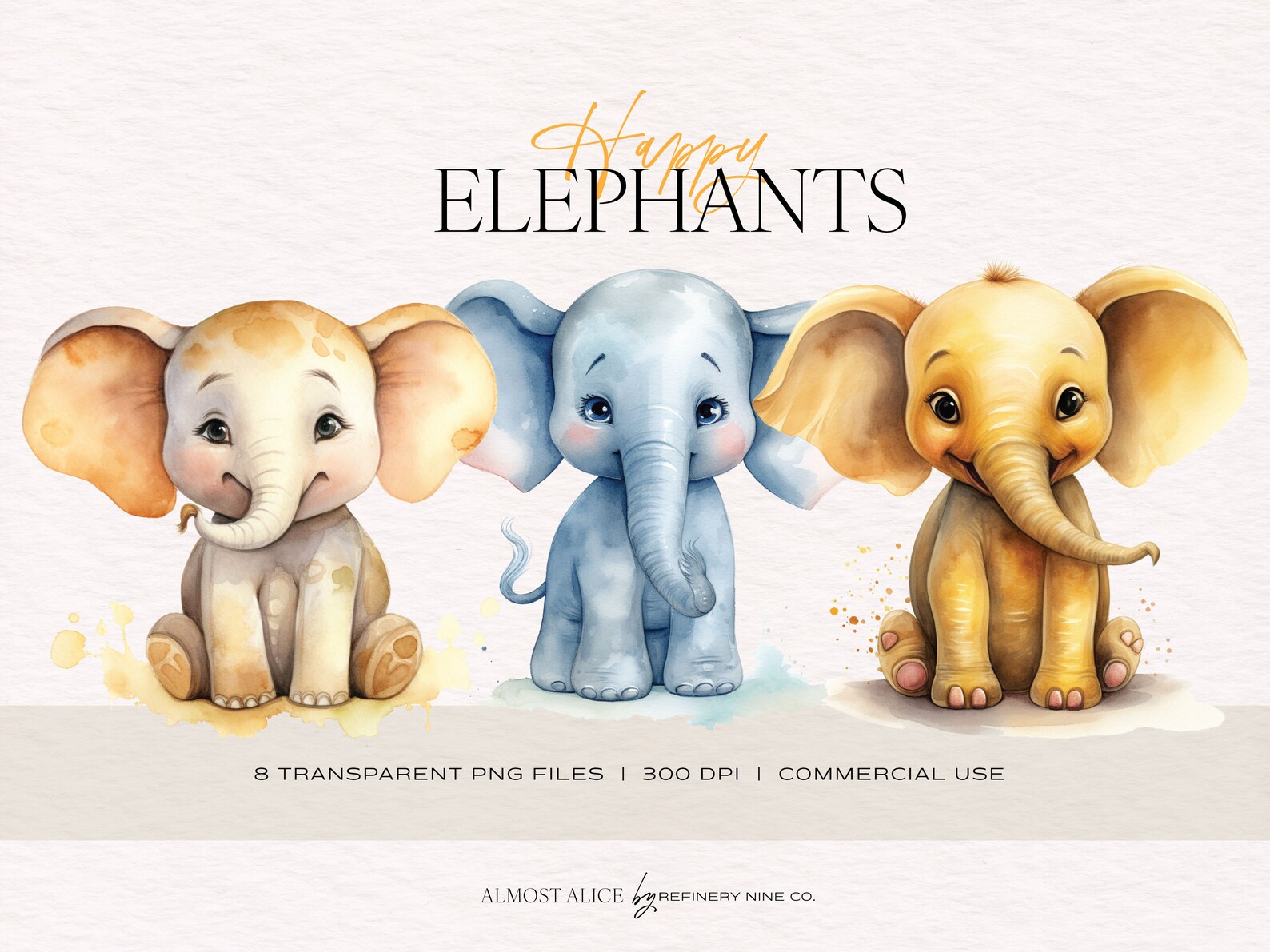 Happy Elephants, Watercolor Clipart, Safari Animals, Pastel, Stickers ...