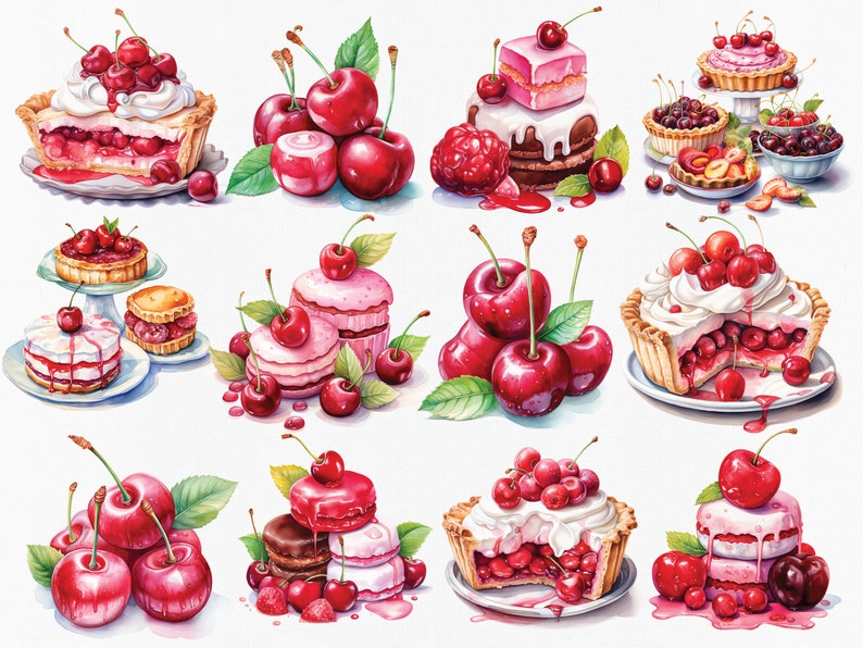 Cherry Pie Clipart - Food Clipart, Digital Watercolor Prints, Digital ...