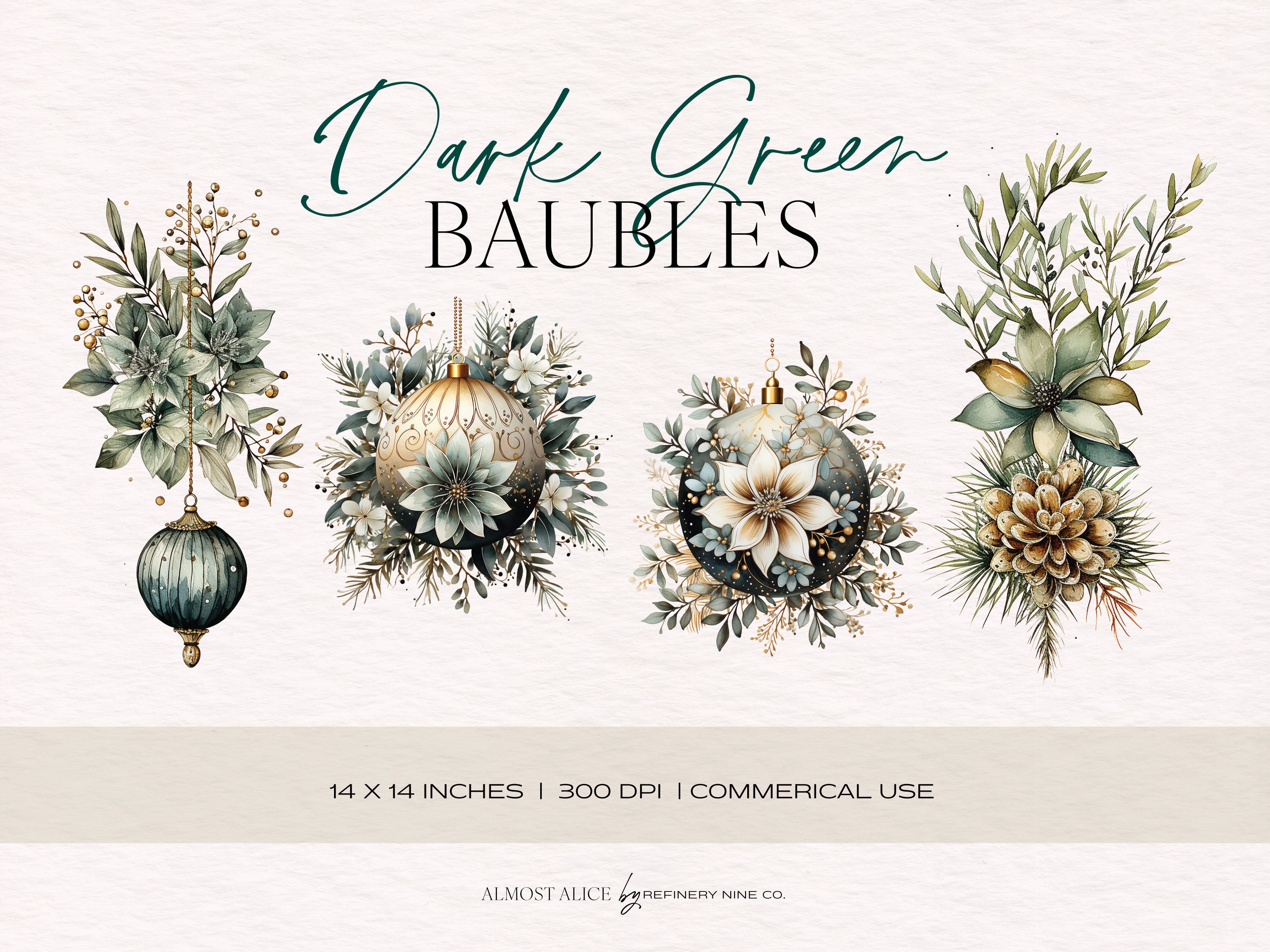 Dark Green Baubles, Watercolor Clipart, Christmas, Dark, Moody ...