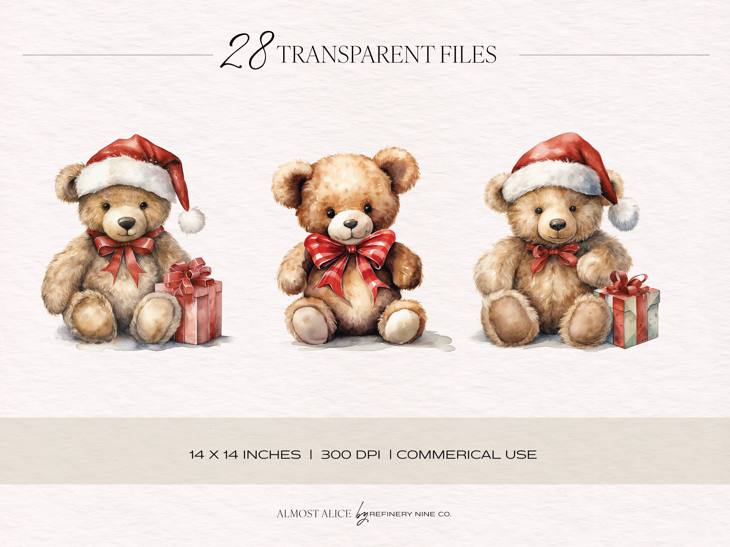 Christmas Teddy Bears, Watercolor Clipart, Cute, Christmas, Winter ...