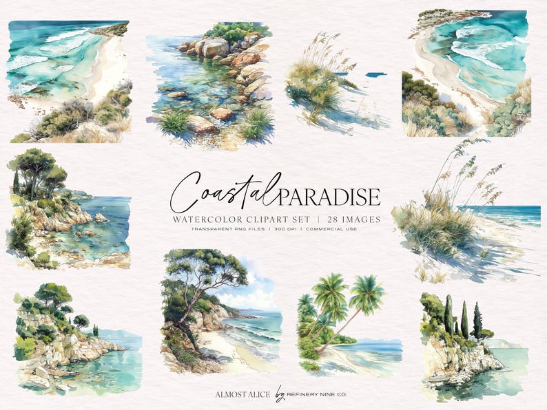 Coastal Paradise Watercolor Clipart, Beach, Ocean, Tropical, Nautical ...